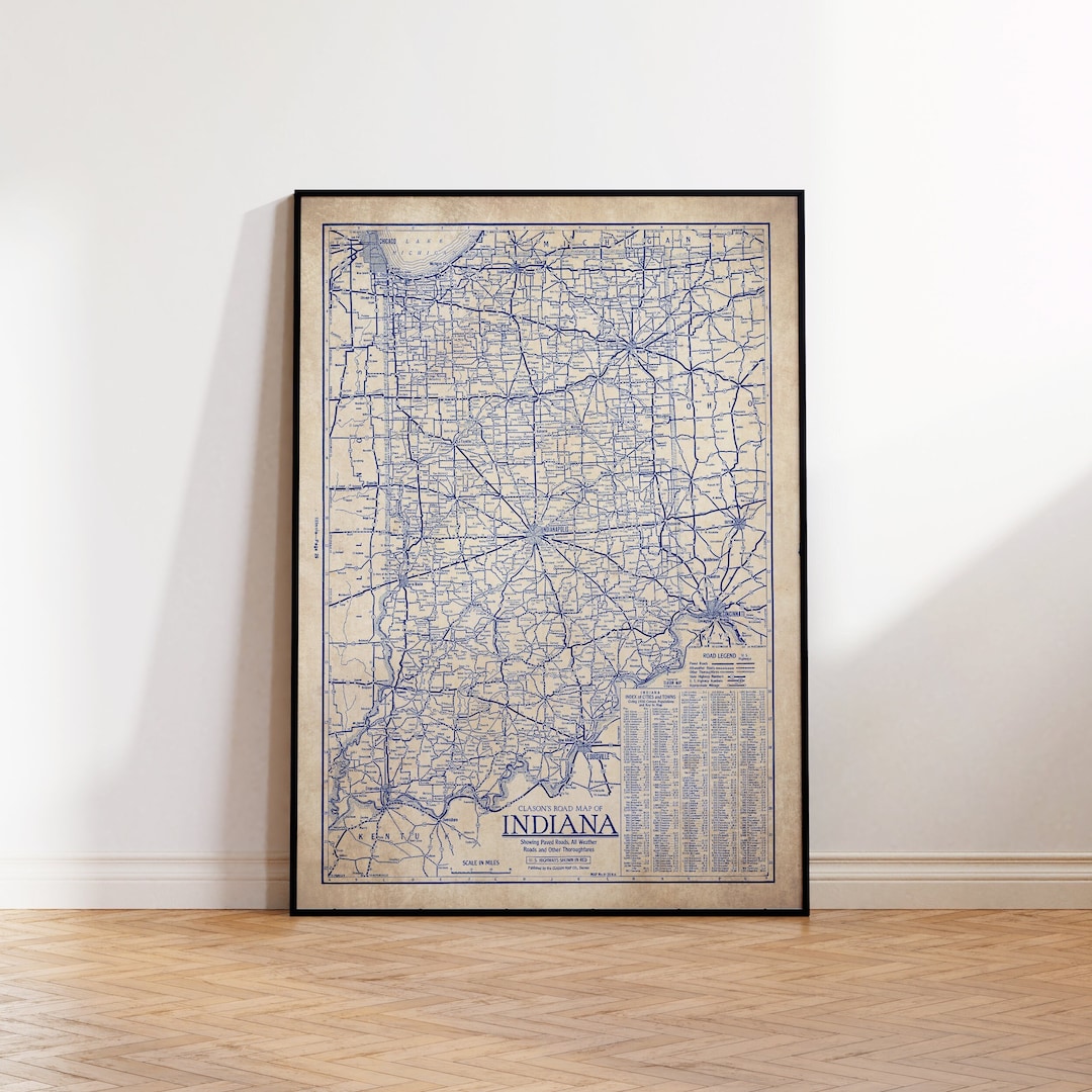 Indiana Map, Vintage Indiana Map, Old Blueprint Map, Map Poster ...