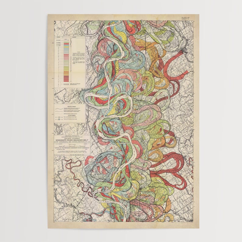 Vintage Mississippi River Meander Map Print: Helena AR to Rosedale MS ...