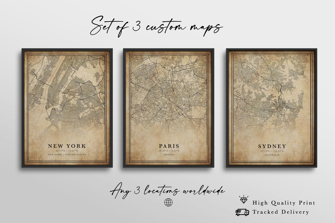 Custom City Maps, Set of Three Personalized Maps, Canvas Map Print ...