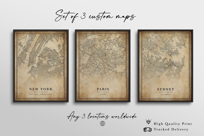 Custom City Maps Set of Three Personalized Maps Canvas Map - Etsy