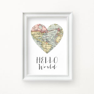 Hello World, Printable Map, Travel Theme Nursery, Map Decor, Vintage ...
