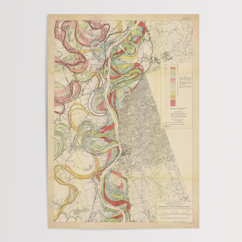 Harold Fisk Map Print - Mississippi River Meander, Vintage Style, Plate ...