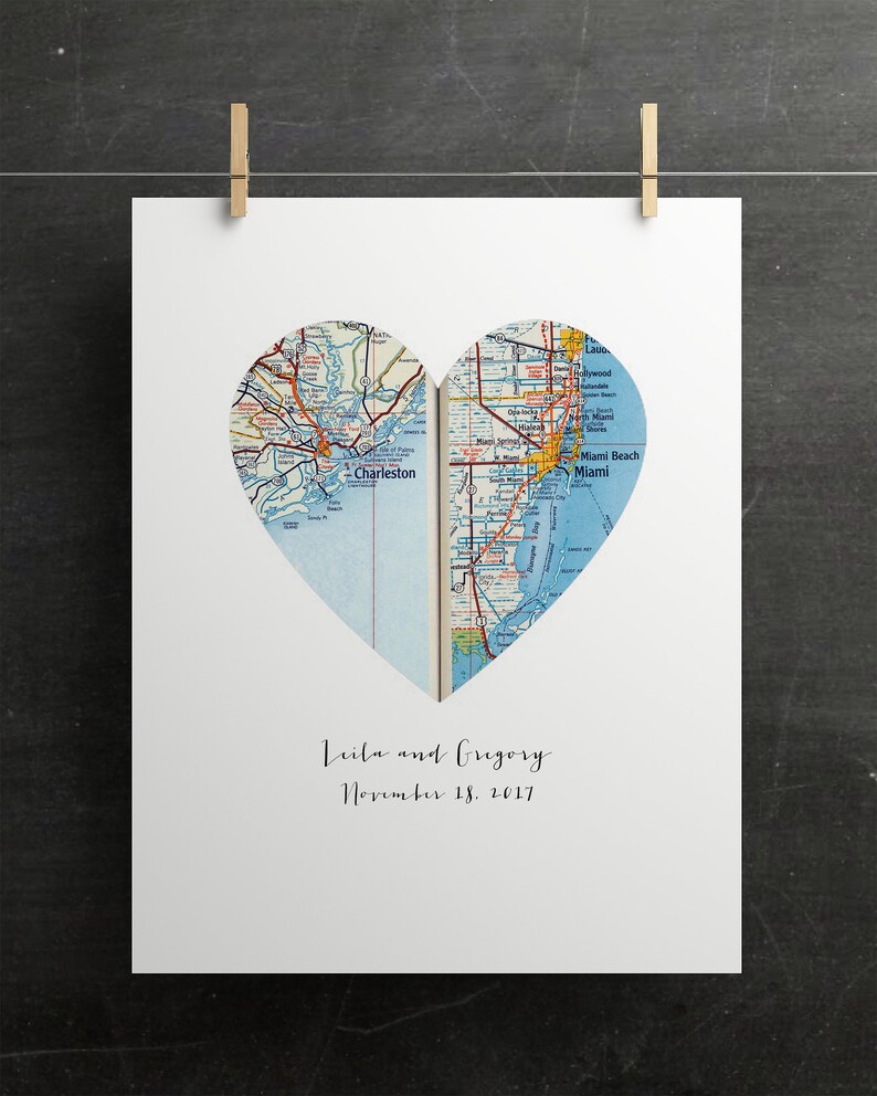 Personalized map Heart map print Anniversary gift Map | Etsy