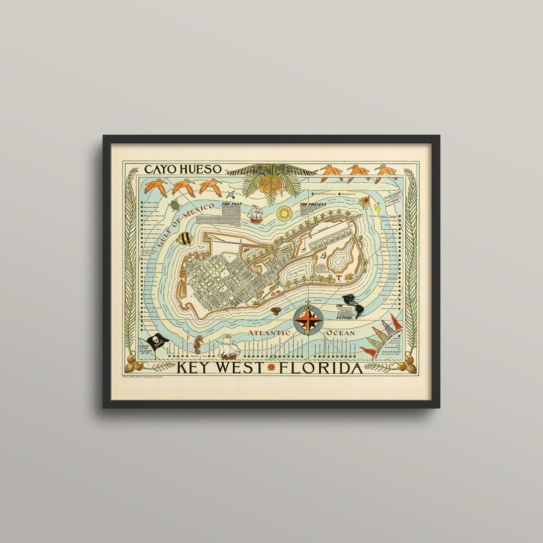 Vintage Map Key West, Key West Pictorial Map, Vintage Map Print, Old ...