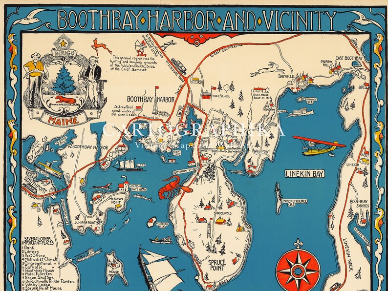 Vintage Map of Boothbay Harbor Squirrel Island Spruce Point - Etsy