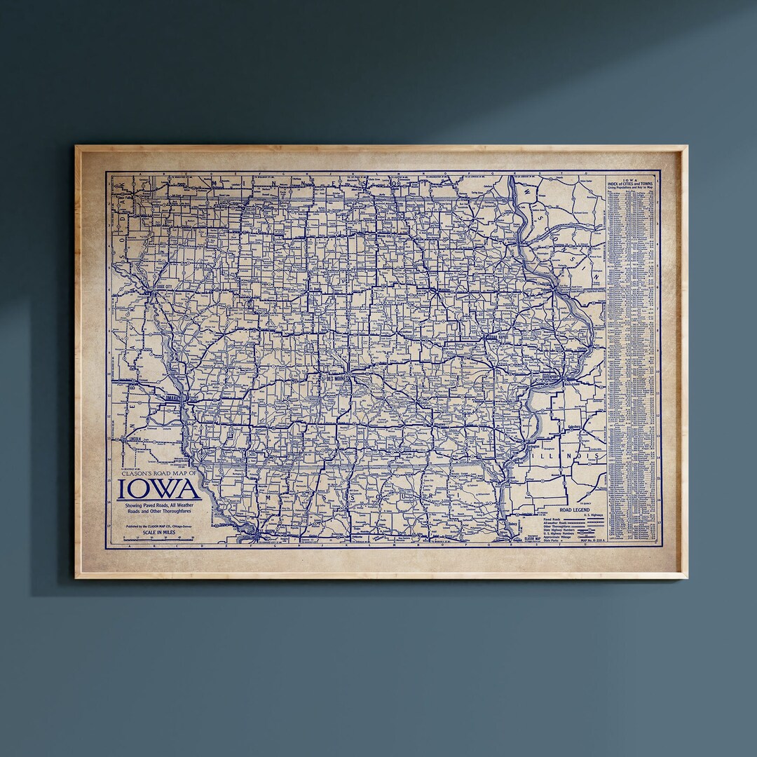 Iowa Map, Vintage Iowa Map, Old Blueprint Map, Map Poster, Vintage Map ...