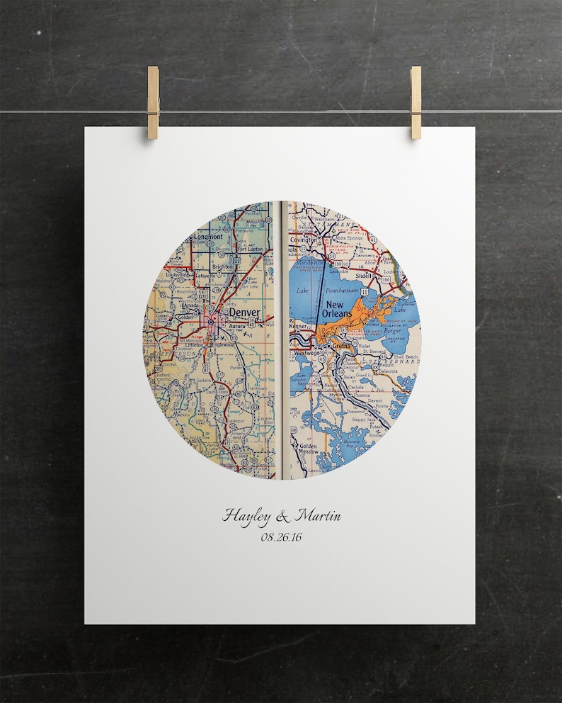 Personalized Circle Map Print, Vintage Style (two Locations, Custom ...