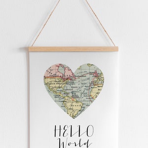 Hello World, Printable Map, Travel Theme Nursery, Map Decor, Vintage ...