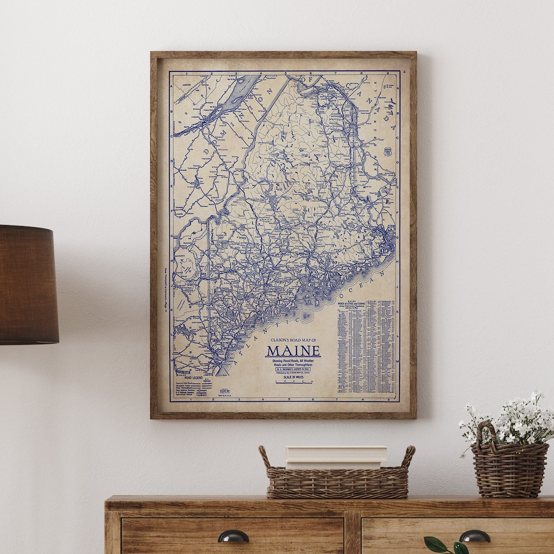 Maine Map, Vintage Maine Map, Maine Wall Art, Vintage Maine, Blueprint ...