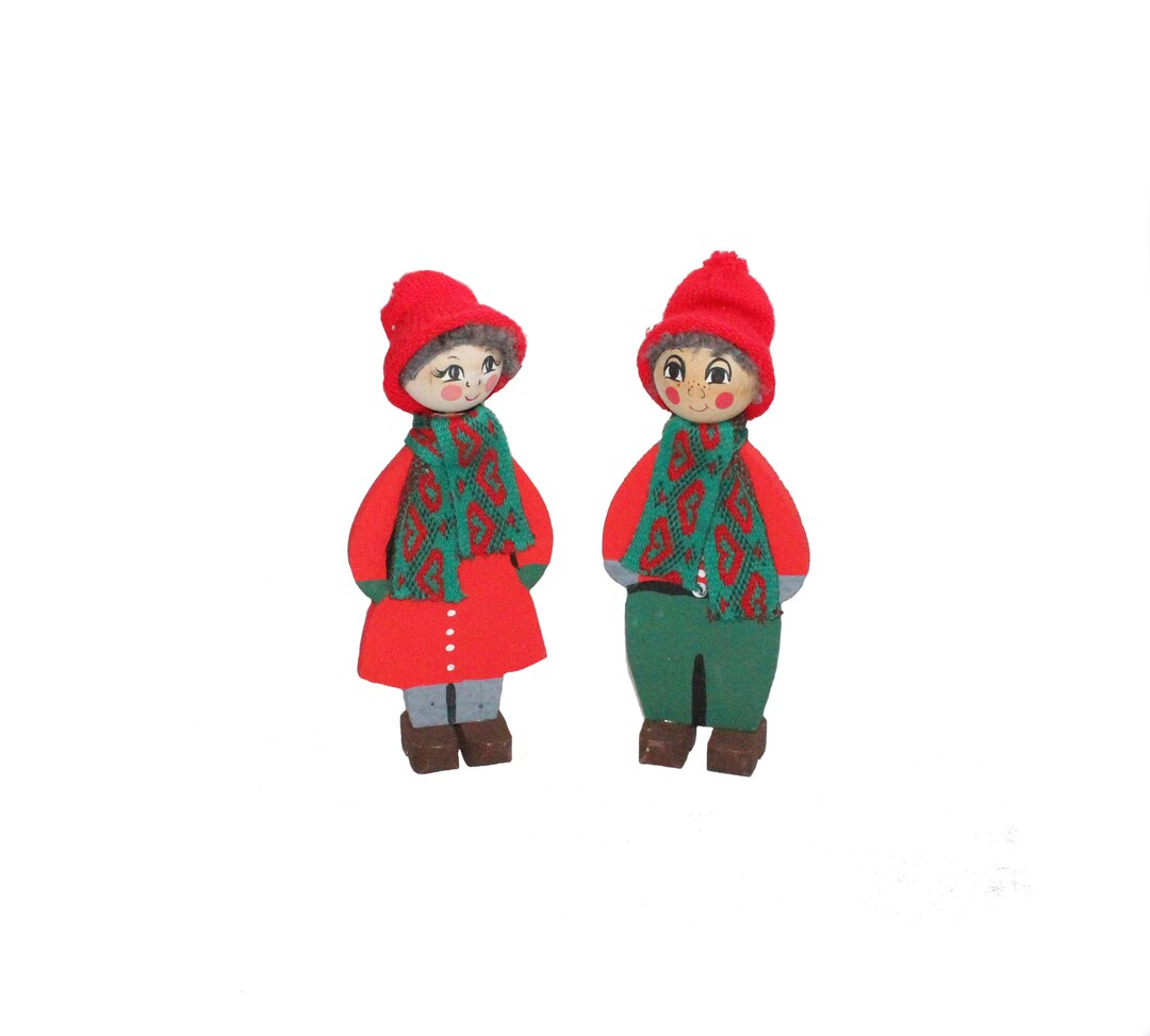 Pair of Christmas Vintage Wooden Handicraft Figurine Sculpture Santa ...