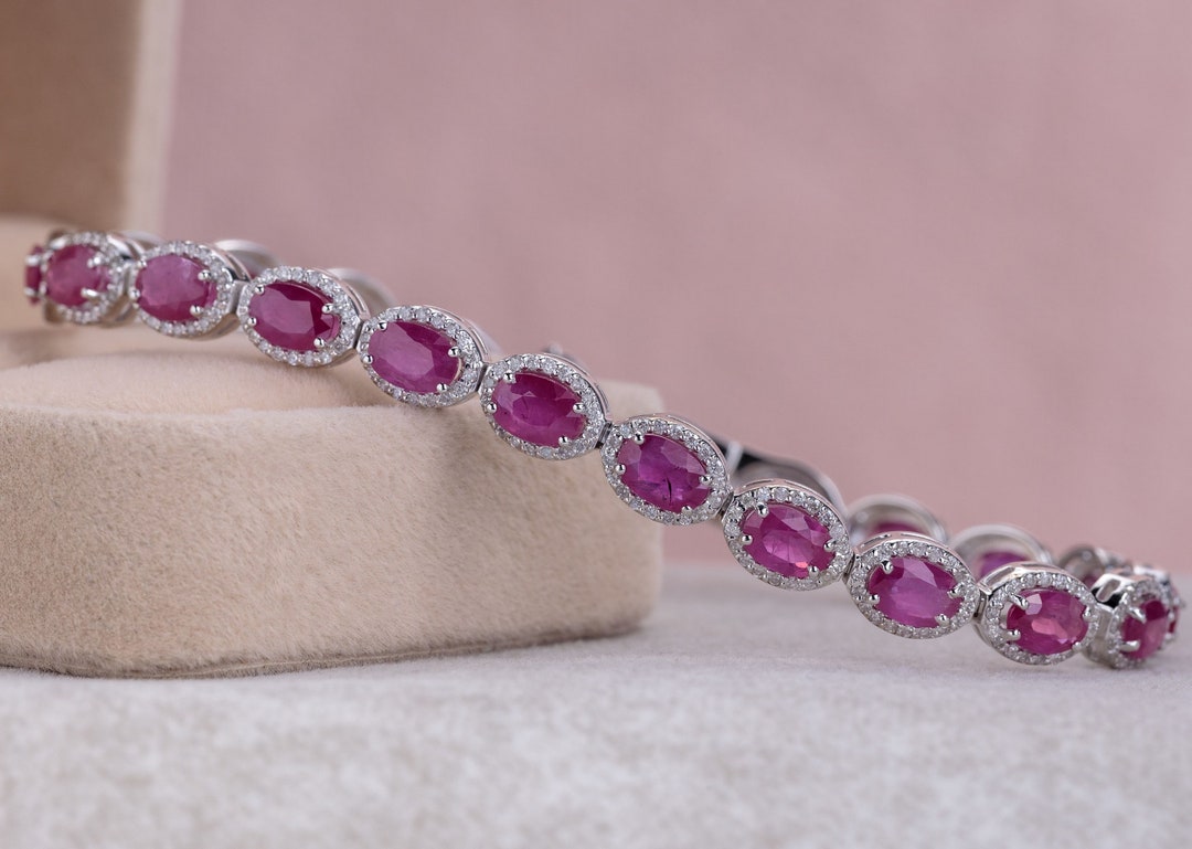 Oval Bracelet Red Ruby & Natural Diamond 17.50 Ct White Gold - Etsy