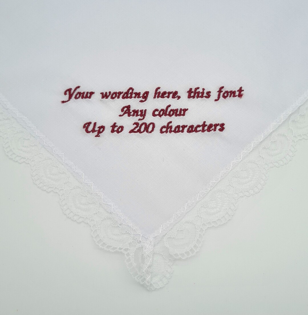 Personalised Embroidered Handkerchief Lace Edge Custom Wording Wedding ...