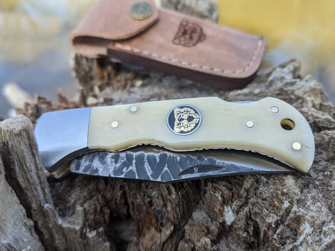 Engraved Pocket Knife Buffalo Bone Handle Knife Personal | Etsy