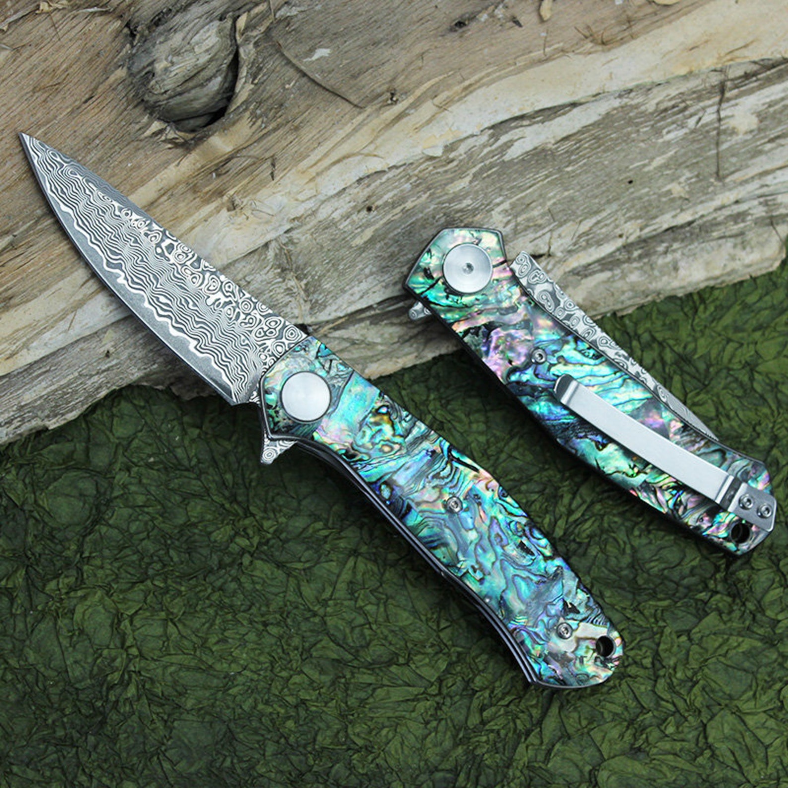 Abalone Damascus Pocket Knife Personalized Engraving VG10 - Etsy