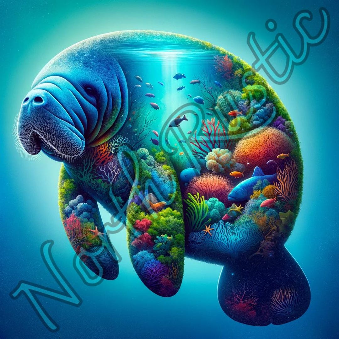 Manatee Coral Reef Art Print: Ocean Animal Home Decor (digital Download ...