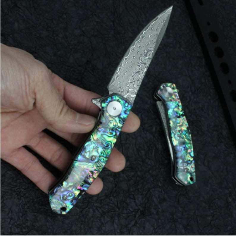 Abalone Damascus Pocket Knife Personalized Engraving VG10 - Etsy