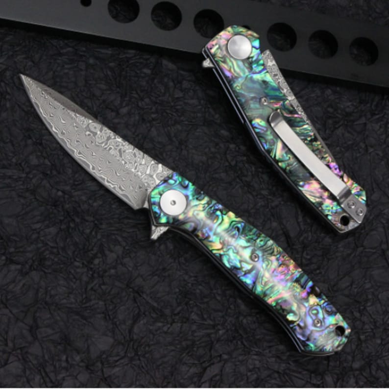 Abalone Damascus Pocket Knife Personalized Engraving VG10 - Etsy