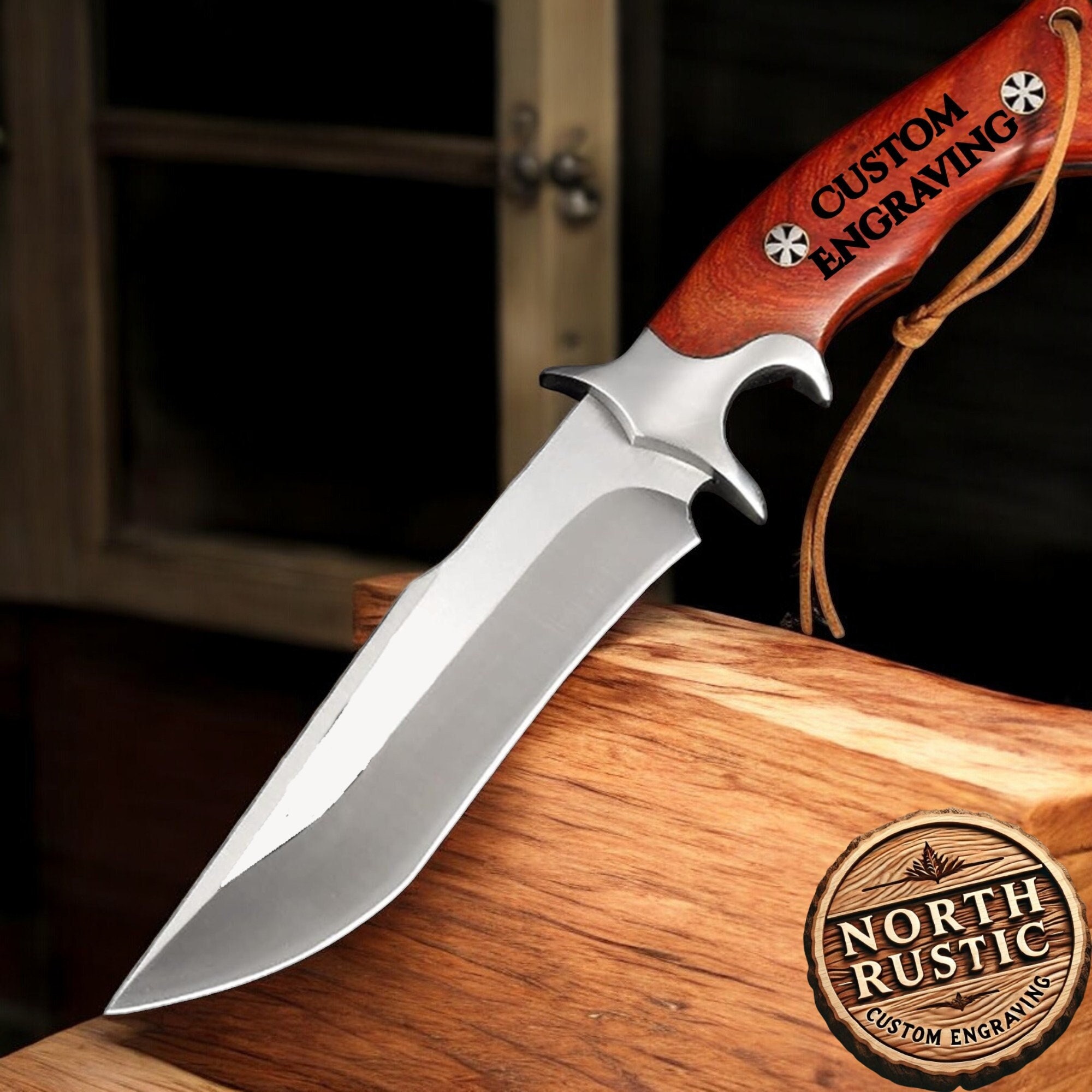 Custom Engraved Hunting Knife, Gift For Him, Red Rose Wood Handle ...