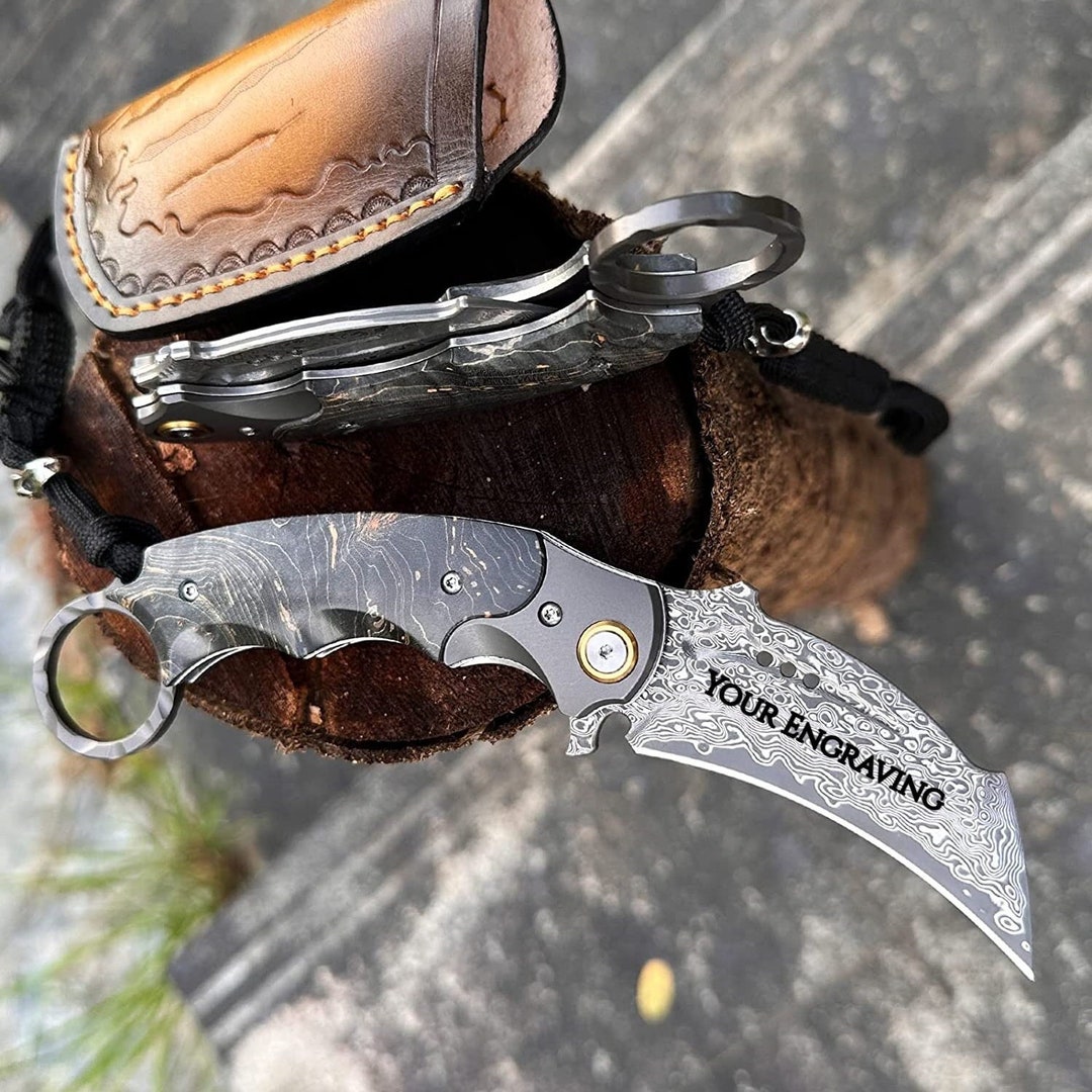 Damascus Karambit Pocket Knife, Personalized Engraved VG10 Blade ...