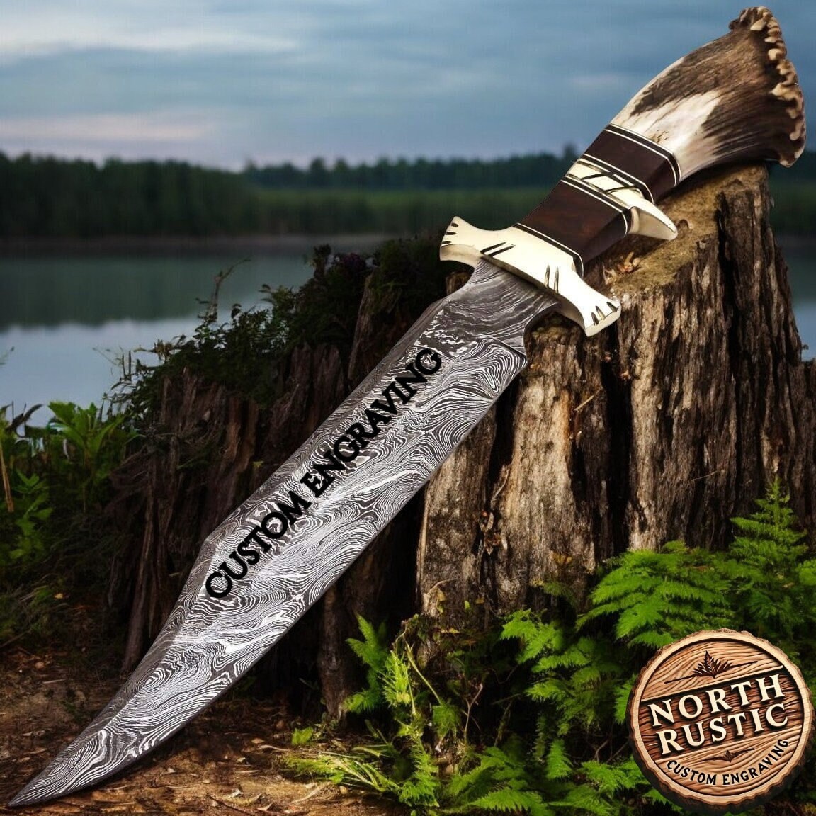 Engraved Damascus Hunting Knife Deer Antler Stag Horn Handle Personalized Hunting Knife Custom Engraving Gift Father s Day Gift For Dad