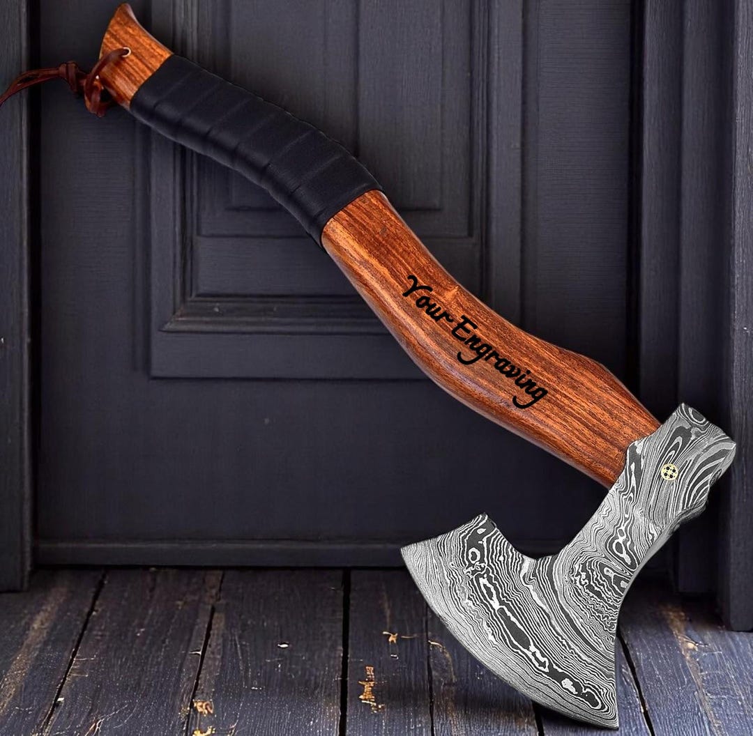 Engraved Damascus Hatchet Axe: Personalized Walnut Handle, Leather ...