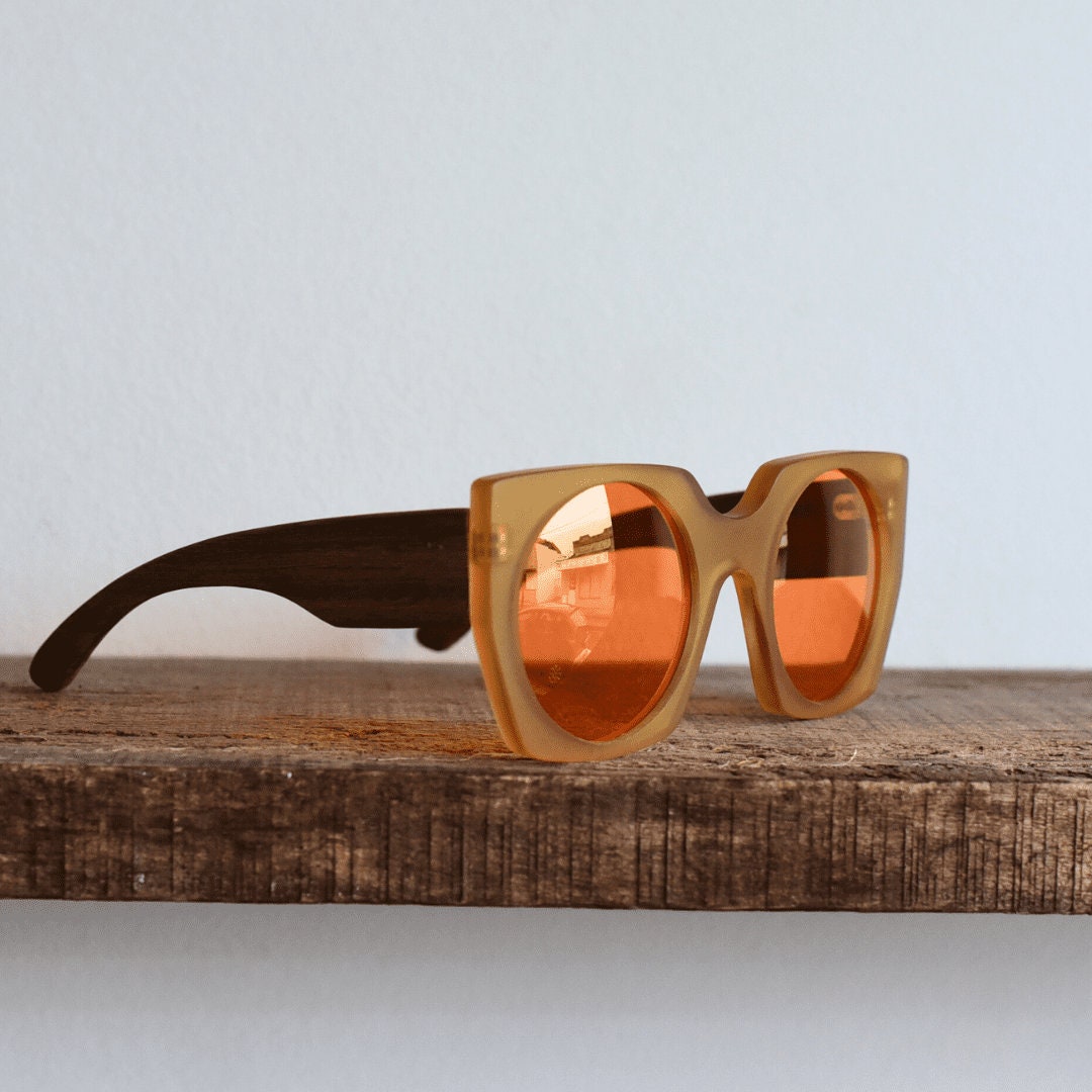 Wood and Traslucent Orange Acetate Sunglasses Model Leblon. Amber ...