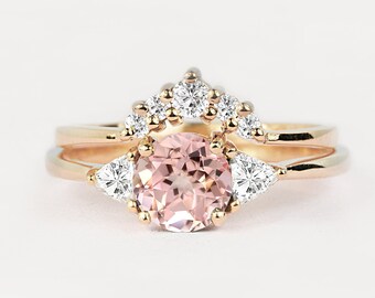 Peach Sapphire Engagement Ring Diamond Wedding Band Wedding | Etsy