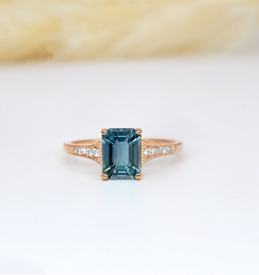 Classic Brilliant Teal Sapphire and Diamond Ring | Emerald Cut Teal Sapphire Engagement Ring ...