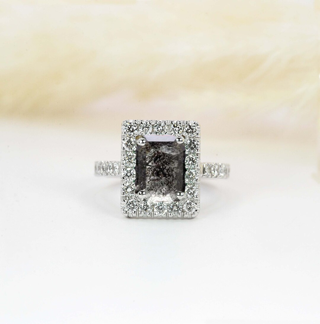 Emerald Cut Salt & Pepper Diamond Ring | Vintage Rectangular Diamond ...