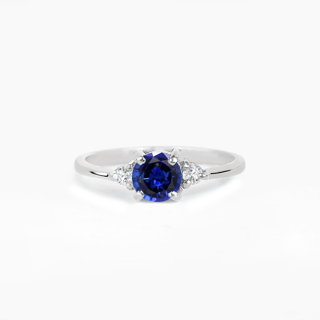 Blue Sapphire Engagement Ring in White Gold- Dainty Blue Sapphire and ...