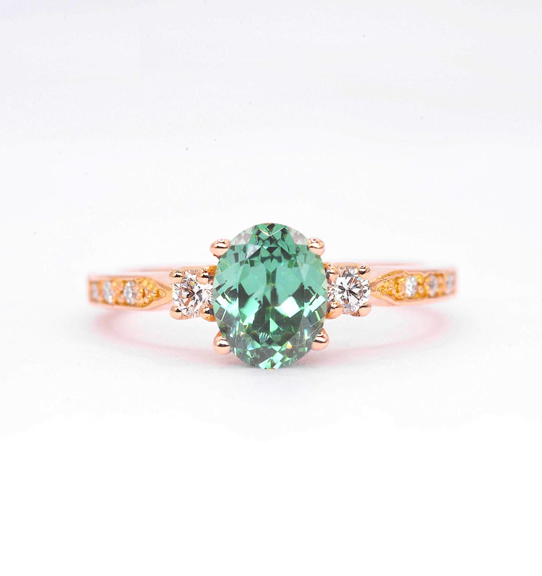 Vintage Inspired Mint Sapphire Engagement Ring: Rose Gold & Diamond ...