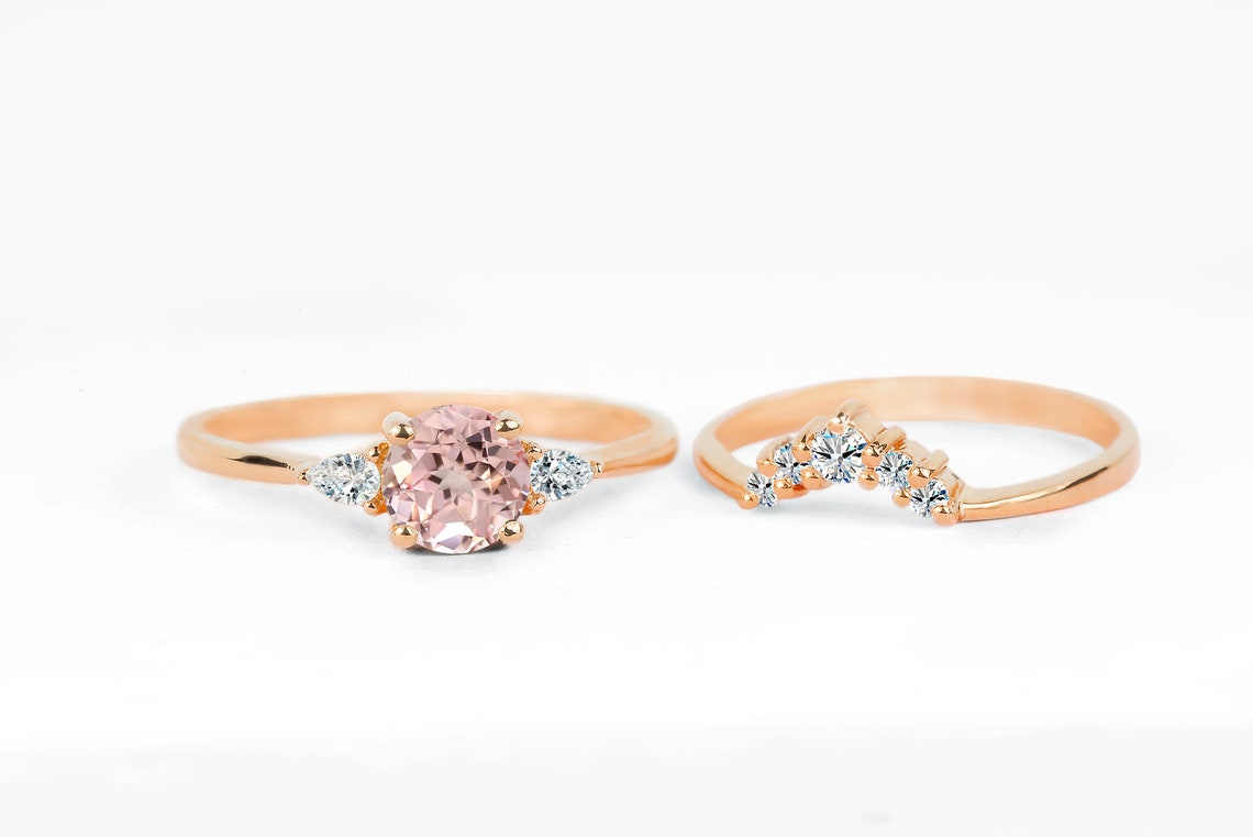Peach Sapphire Engagement Ring Diamond Wedding Band Wedding | Etsy