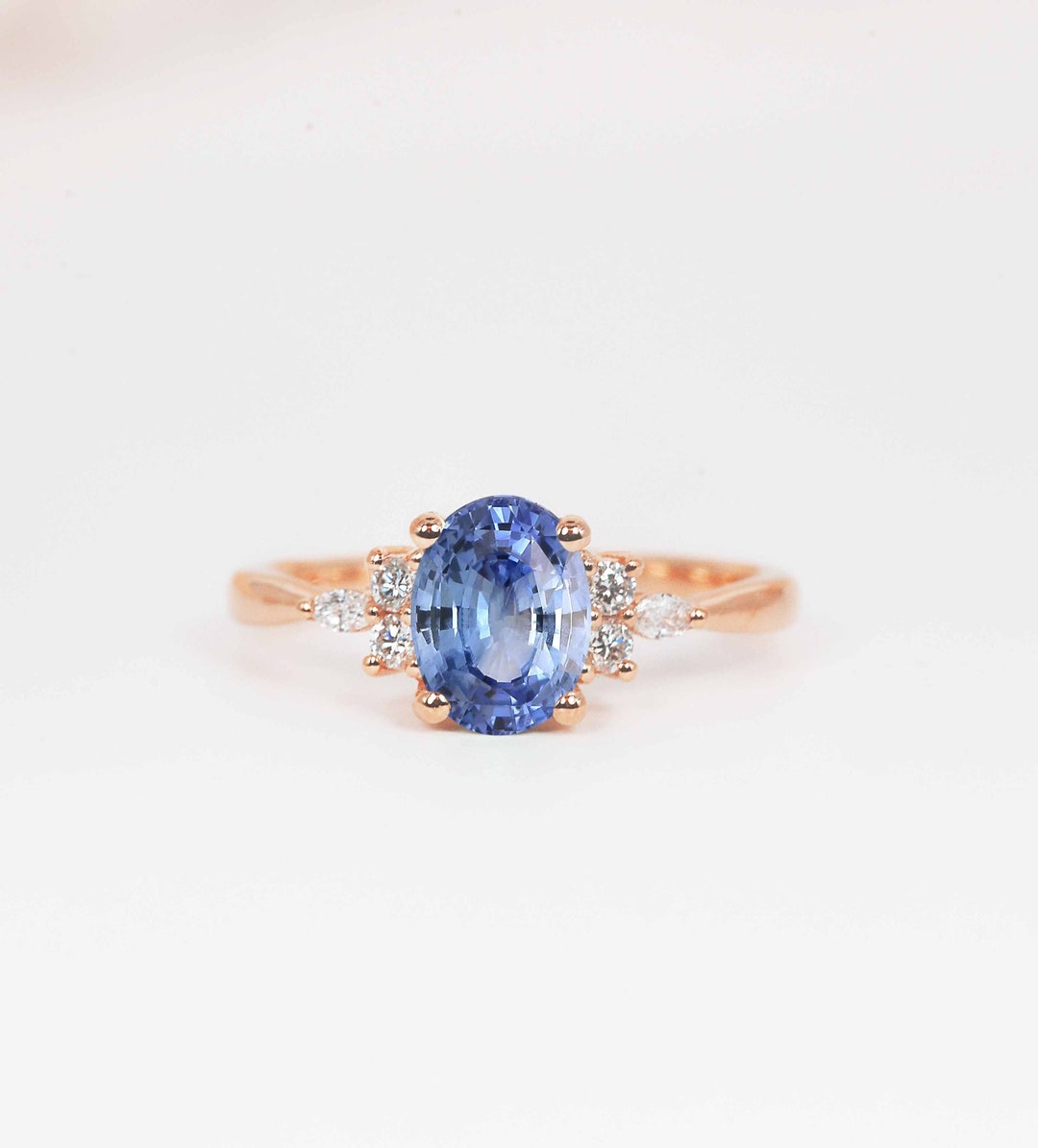 Oval Blue Sapphire Engagement Ring Diamond Accent Romantic Design