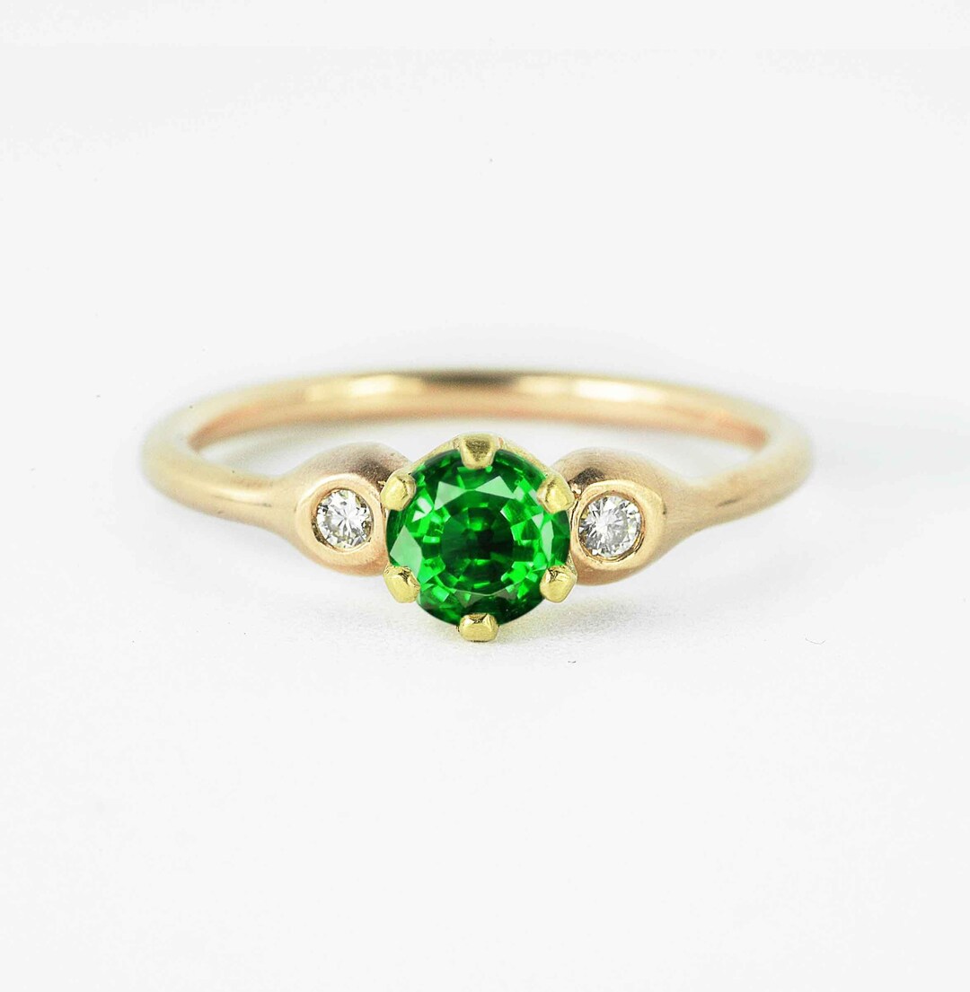 Tsavorite Engagement Ring: Round Green Gemstone, Diamond Accent, Gold ...