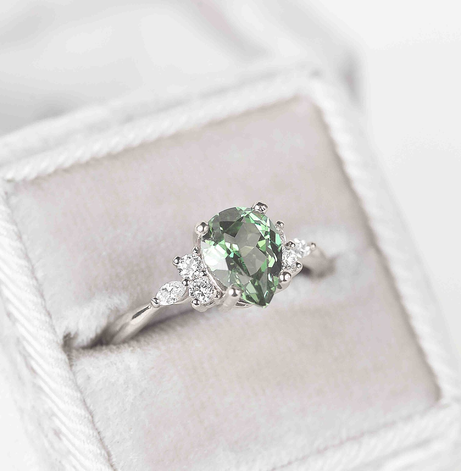 Pear Mint Green Sapphire Engagement Ring | Diamond White Gold Cluster ...