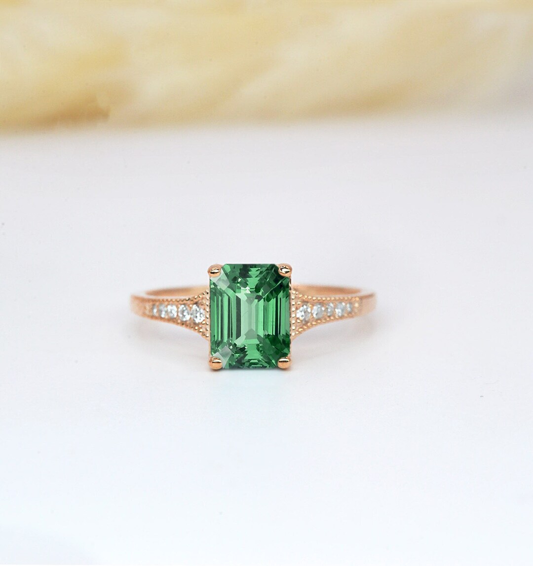 Emerald Cut Mint Sapphire Engagement Ring: Art Deco Diamond Bespoke ...