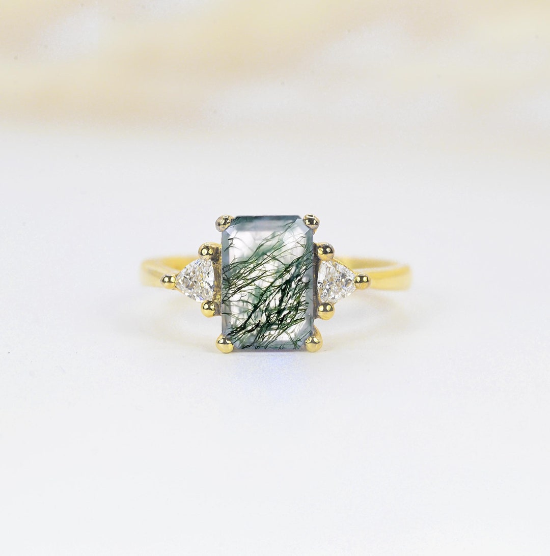Art Deco Moss Agate Engagement Ring Emerald Cut Moss Agate - Etsy