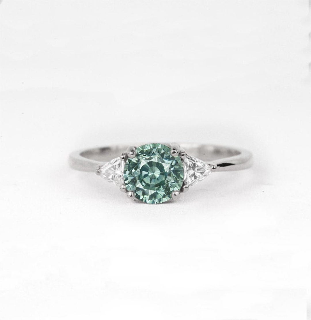 Ice Mint Sapphire Engagement Ring: Trilliant Diamond White Gold Art ...