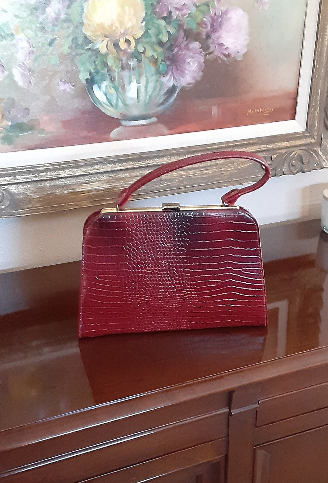 Vintage Red Vinyl Stamped Alligator Print Purse - Etsy