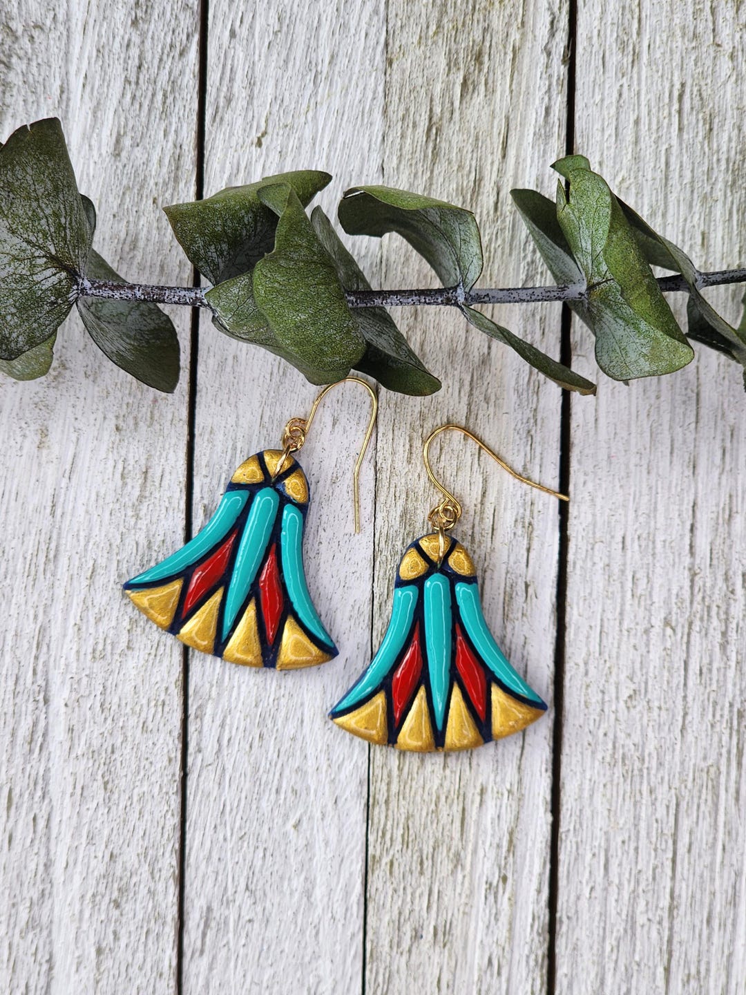 Hand-painted Egyptian Pharaoh Papyrus Lotus Flower Earrings, Polymer ...