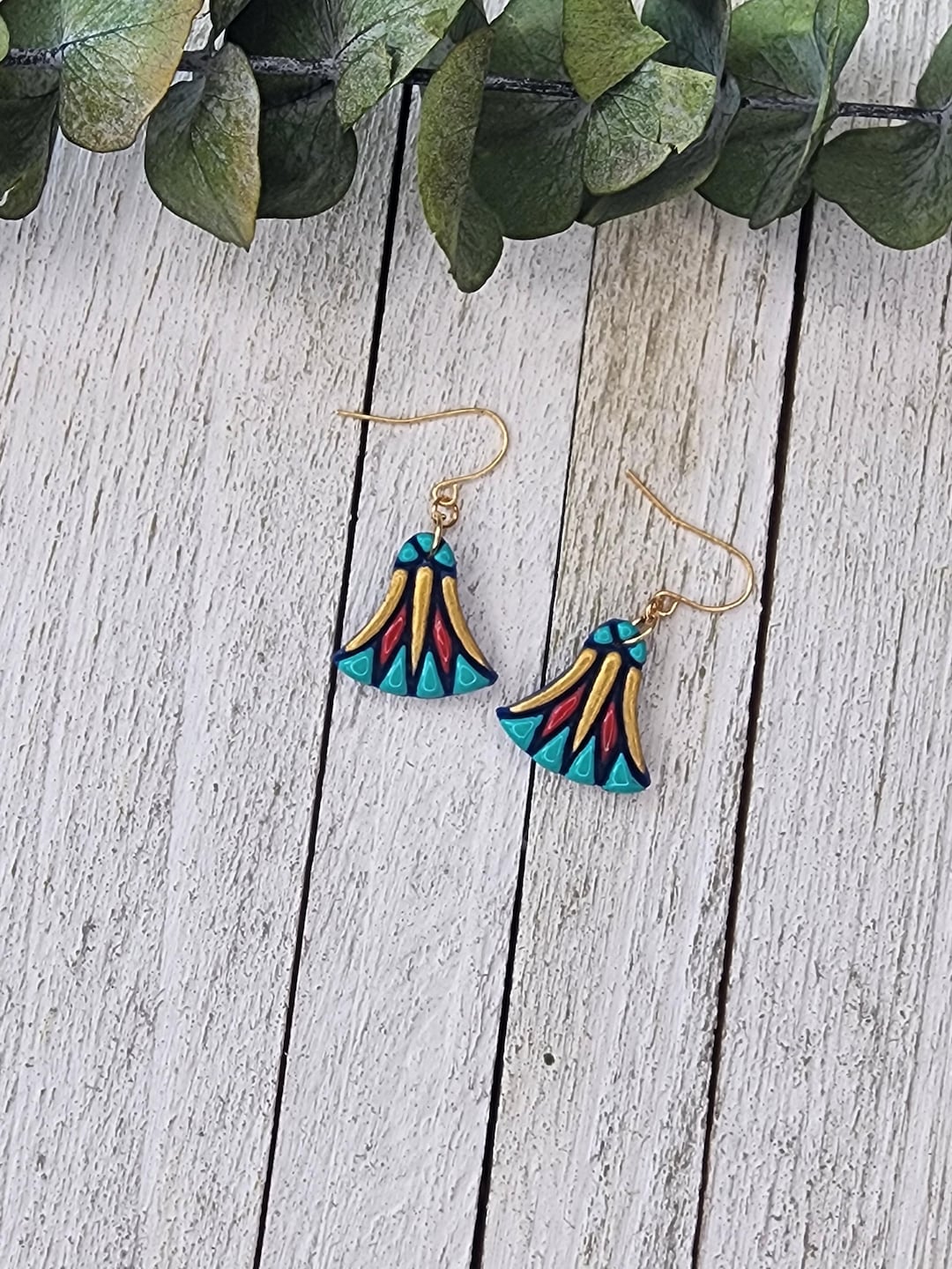 Hand-painted Egyptian Pharaoh Papyrus Lotus Flower Earrings, Polymer ...