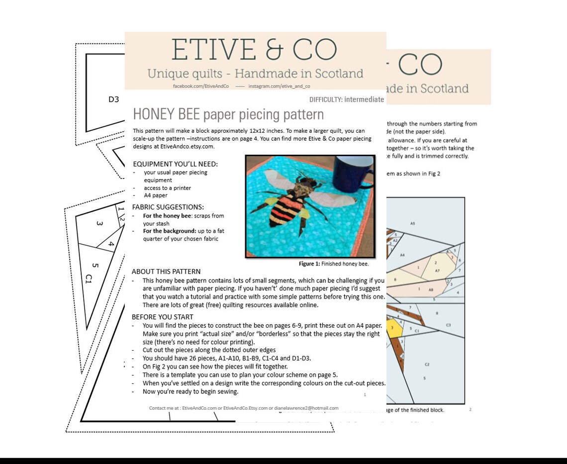 Honey Bee quilt paper piecing pattern | Etsy