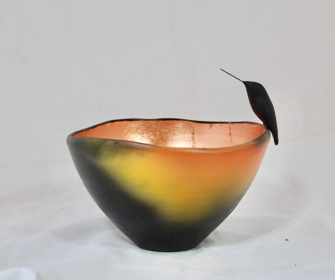 Orange and Yellow Raku Humming Bird Bowl With Copper Leaf Interior - Etsy