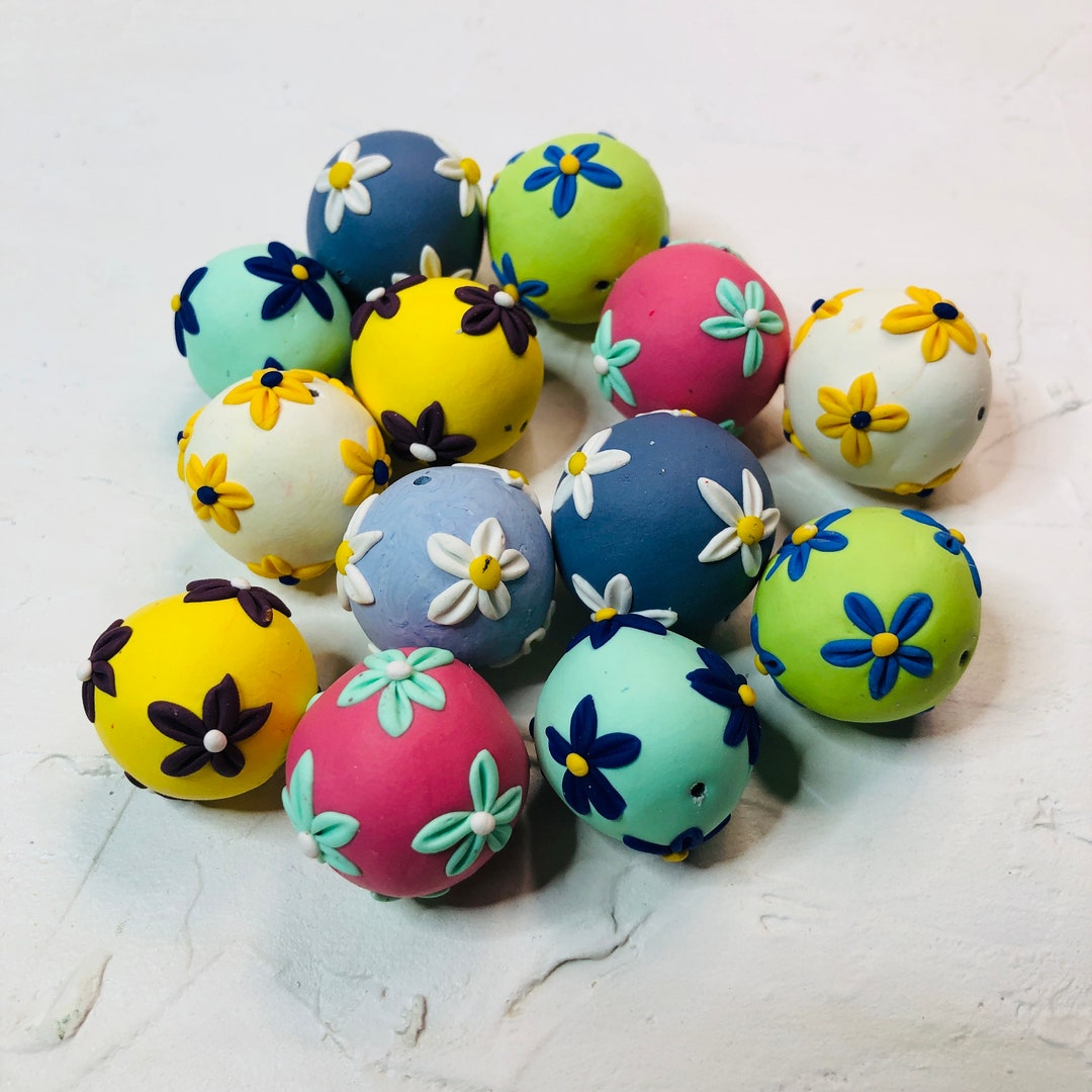 20 Mm Polymer Clay Round Beads Set of 10, Flower Pattern Assorted DIY ...