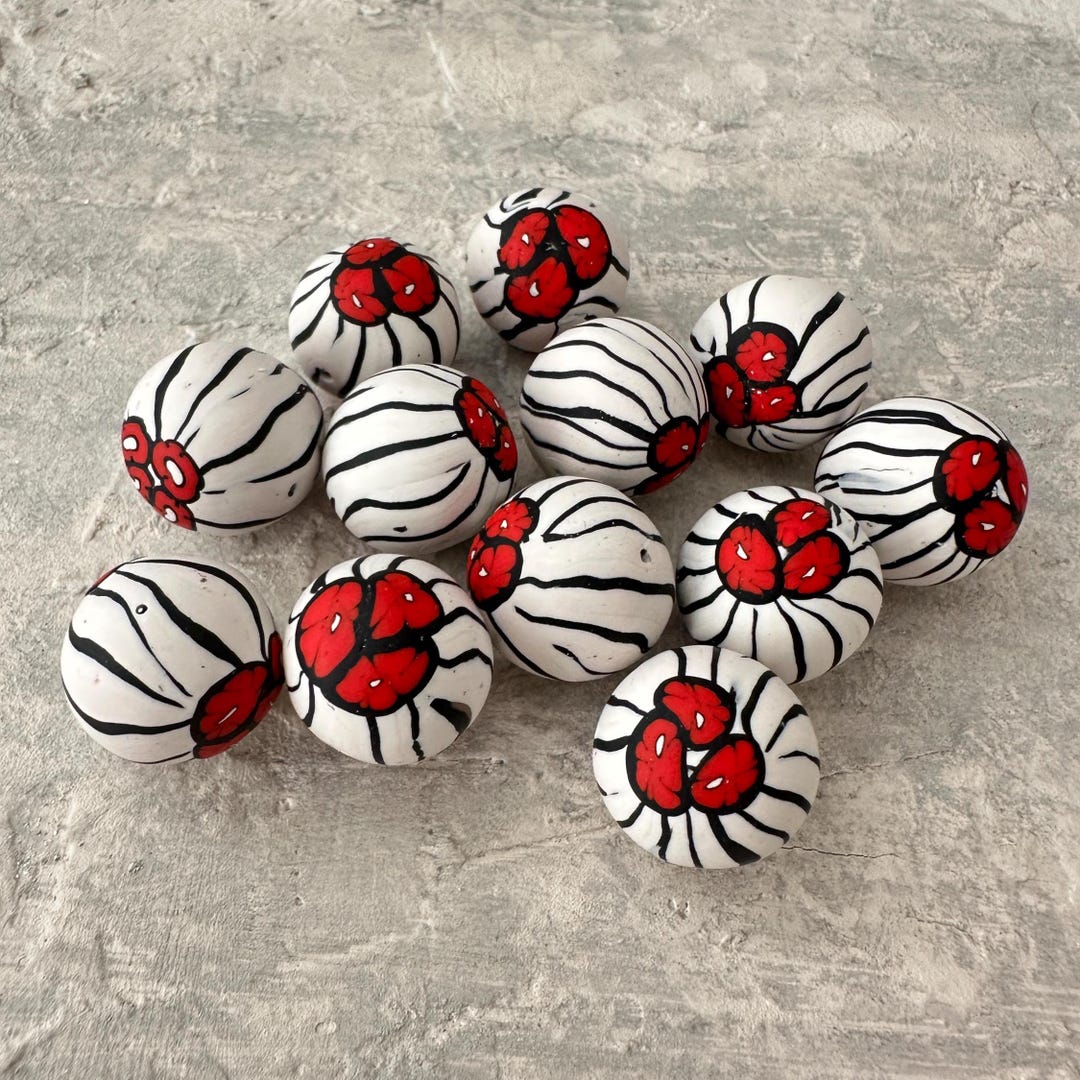 19 Mm Red Flower Black White Polymer Clay Round Beads Set of 12/ Black ...