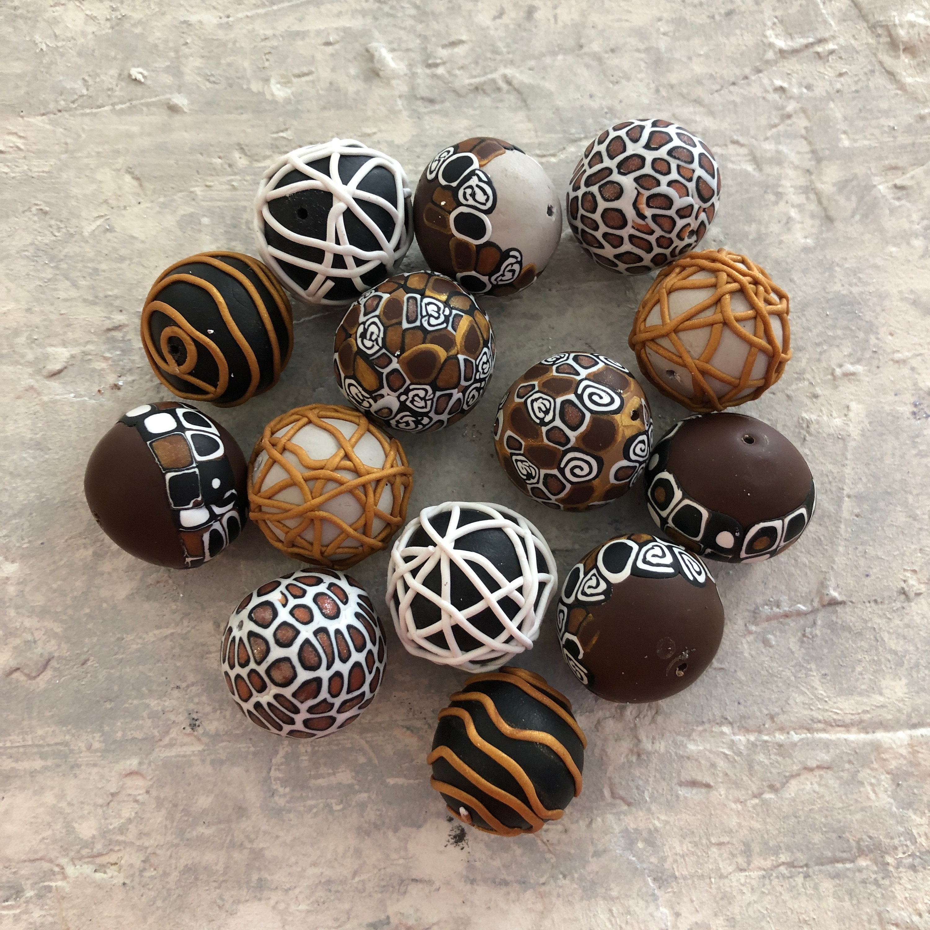 20-22 Mm Black Gold Brown White Dot Polymer Clay Round Beads Set of 12 ...