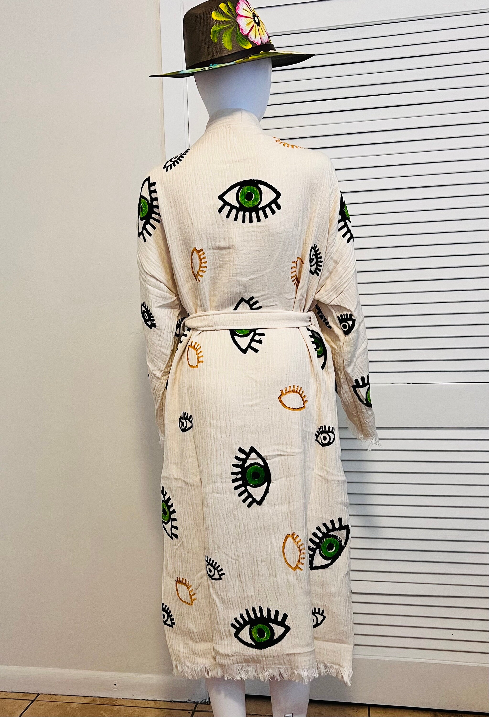 Handmade Green Eye Kimono Robe, Evil Eye Boho Kimono, Cotton Robe ...