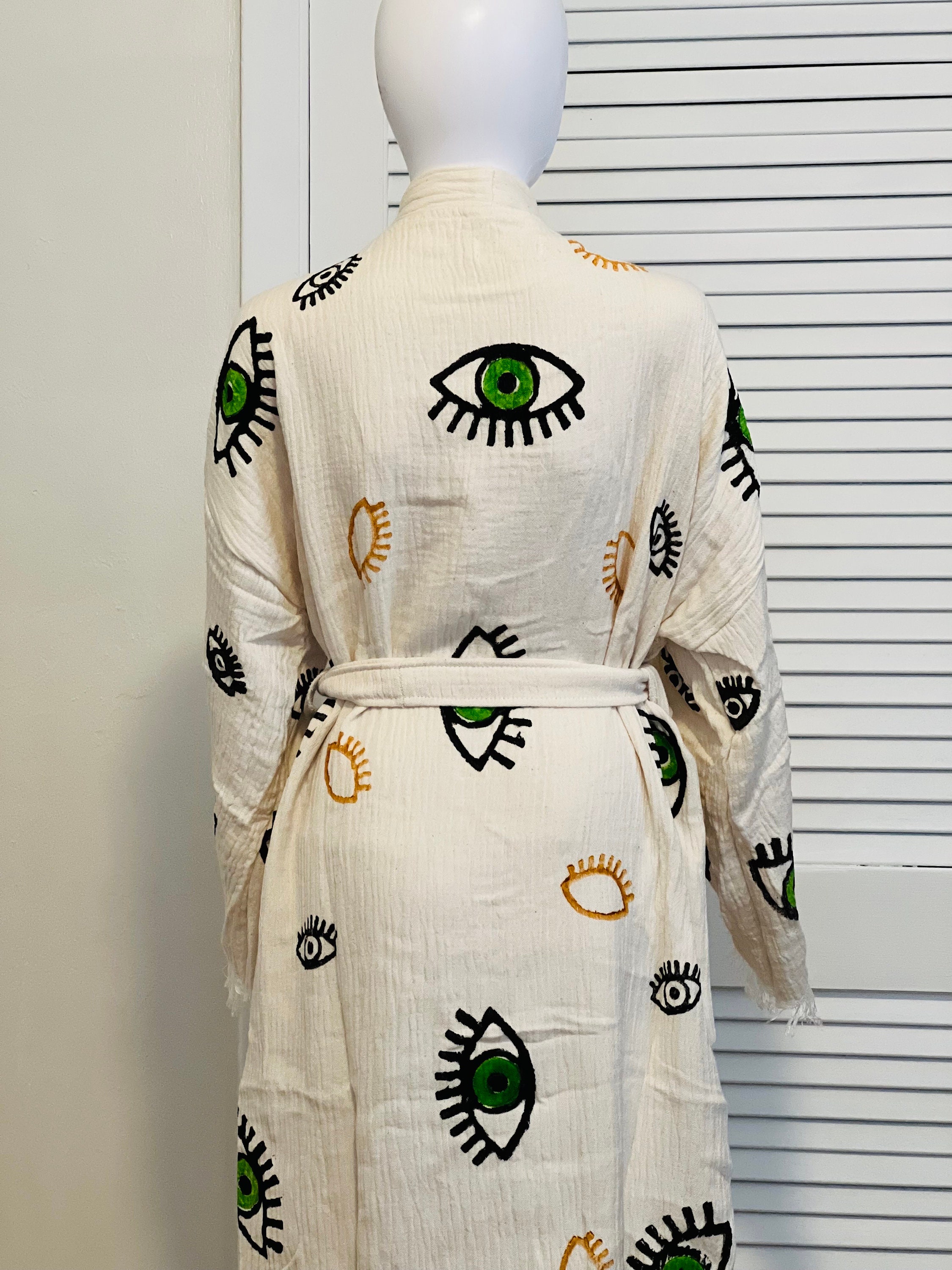 Handmade Green Eye Kimono Robe, Evil Eye Boho Kimono, Cotton Robe ...