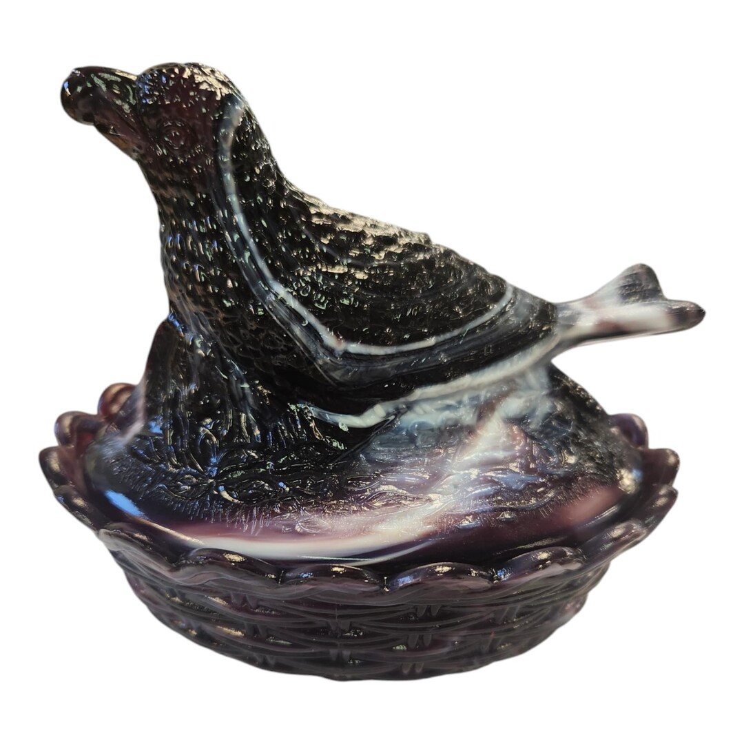 Imperial Glass Robin on Nest Amethyst Purple White Slag Glass ...