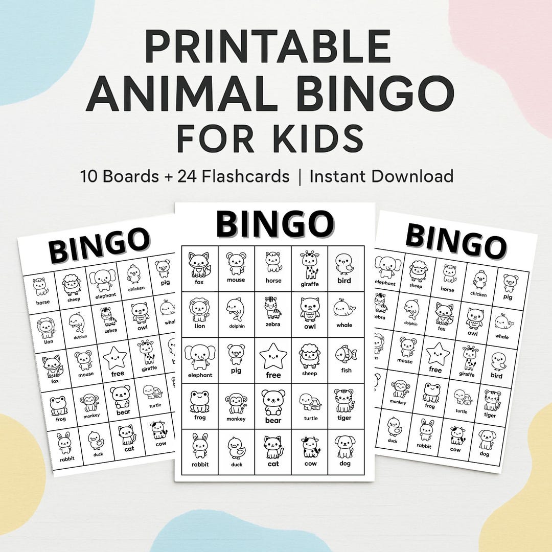 Printable Animal Bingo Game for Kids | 10 Boards + 24 Flashcards ...